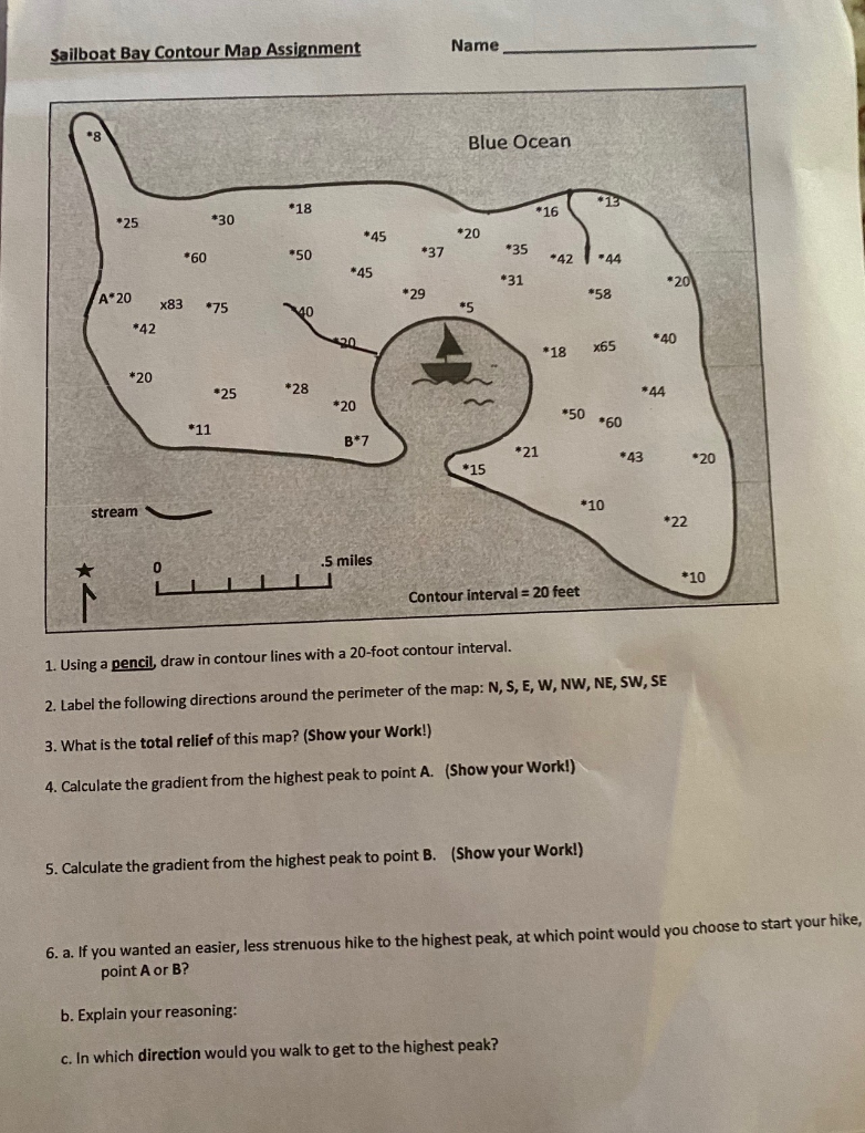 Solved Name Sailboat Bay Contour Map Assignment Blue Ocean | Chegg.com