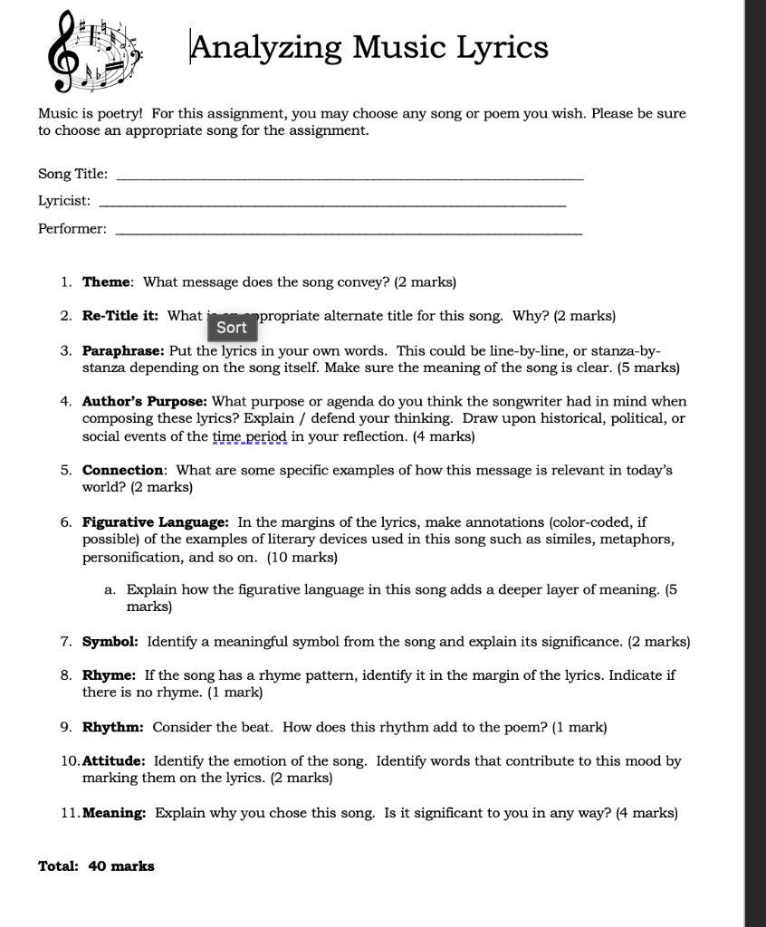 2 Analyzing Music Lyrics Music is poetry! For this | Chegg.com