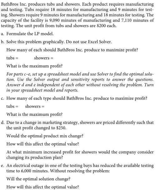 Solved BathBros Inc. produces tubs and showers. Each product | Chegg.com
