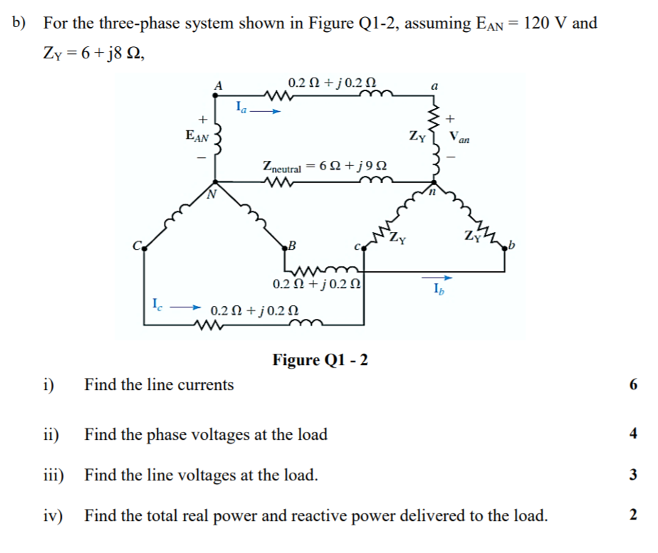 Solved b) For the three-phase system shown in Figure Q1-2, | Chegg.com