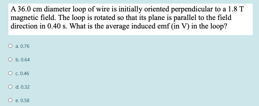 Solved A 36.0 cm diameter loop of wire is initially oriented | Chegg.com