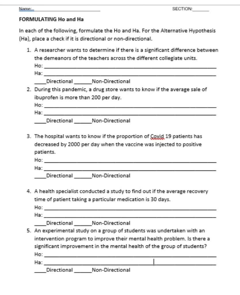 Solved In each of the following, formulate the Ho and Ha. | Chegg.com