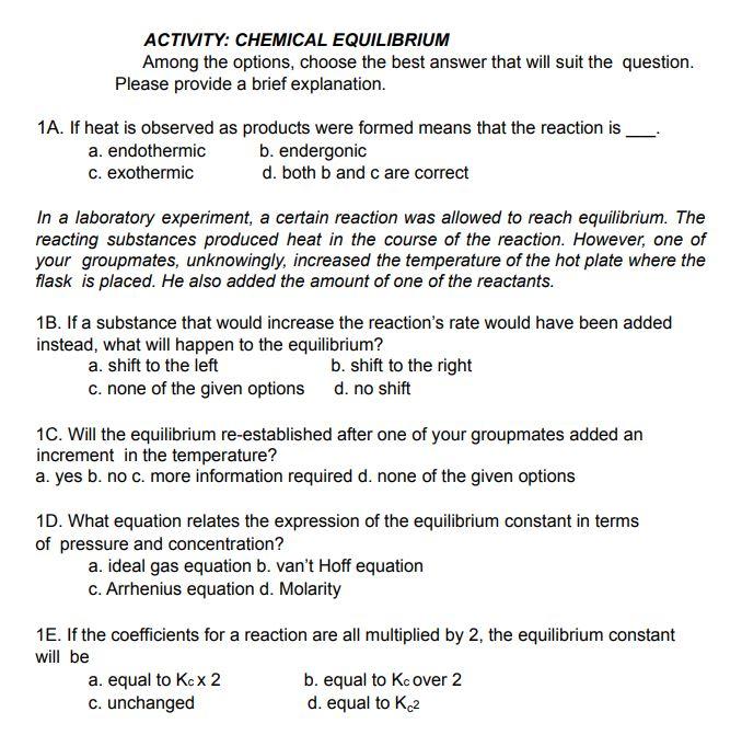 Solved ACTIVITY: CHEMICAL EQUILIBRIUM Among the options, | Chegg.com