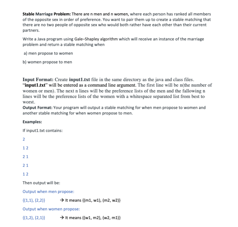Solved *Please code in java the stable marriage problem and | Chegg.com