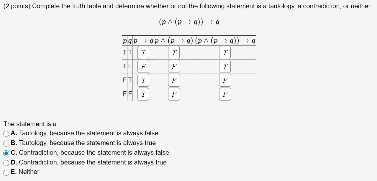 Solved (2 points) Complete the truth table and determine | Chegg.com Solved (2 points) Complete the truth table and determine | Chegg.com