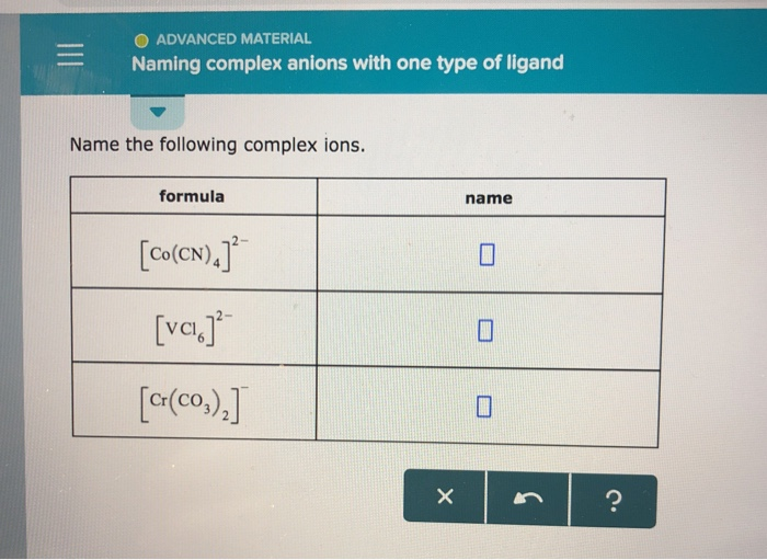Solved O ADVANCED MATERIAL Naming complex anions with one | Chegg.com