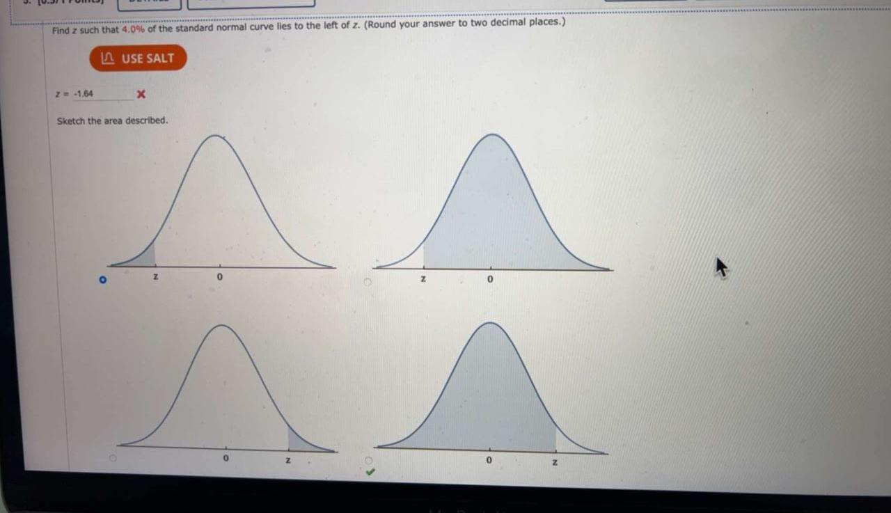 Solved Find z such that 4.0% of the standard normal curve | Chegg.com