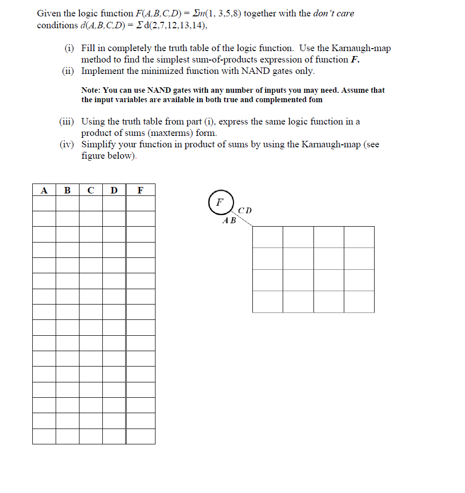 Solved Given the logic function F(A,B,C,D) = m(1, 3,5,8) | Chegg.com