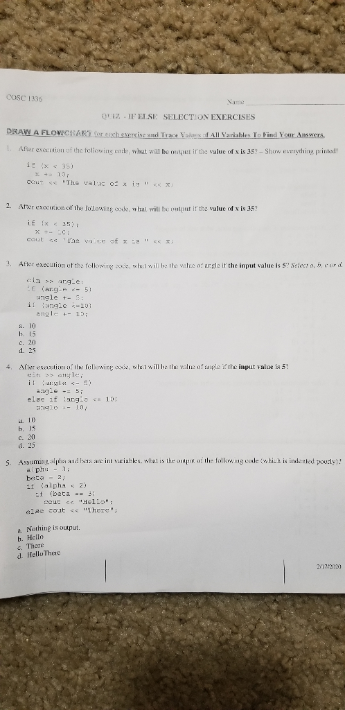 Solved COSC 1336 Name OUR - IF ELSE SELECTION EXERCISES DRAW | Chegg.com