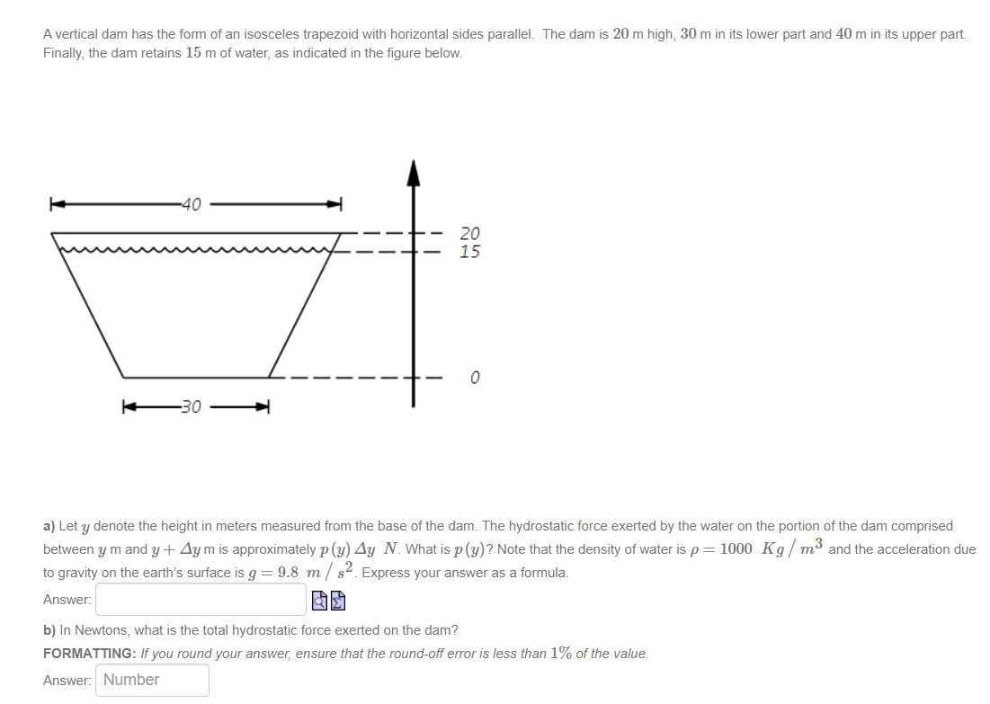 Solved A vertical dam has the form of an isosceles trapezoid | Chegg.com