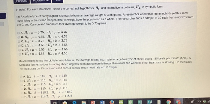 Solved pothesis, Hla. in symbolic form. (1 point) For each | Chegg.com