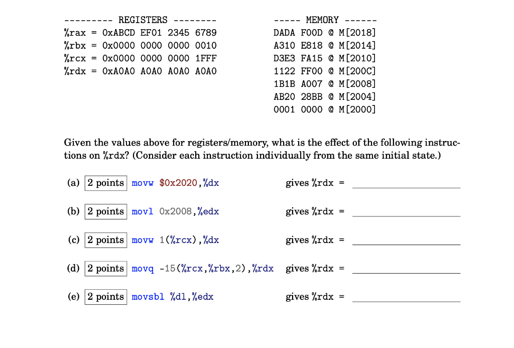 Solved REGISTERS %rax = OxABCD EF01 2345 6789 %rbx = Ox0000 | Chegg.com