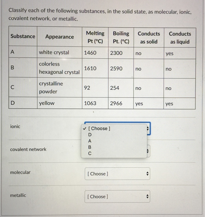 Solved Classify each of the following substances, in the | Chegg.com