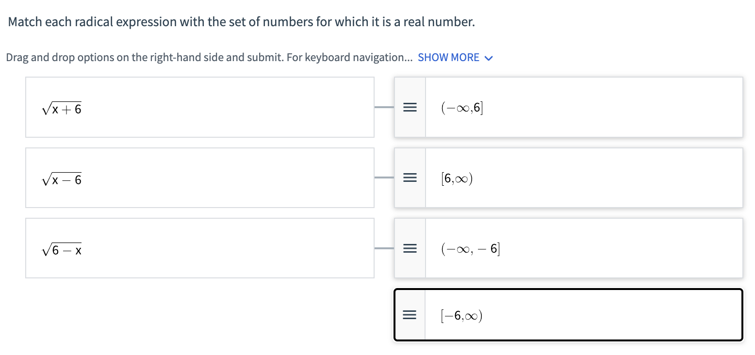 Solved Match each radical expression with the set of numbers | Chegg.com