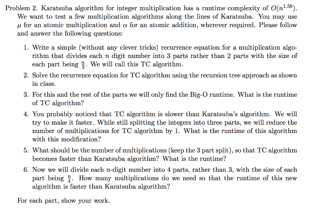Problem 2. Karatsuba algorithm for integer | Chegg.com