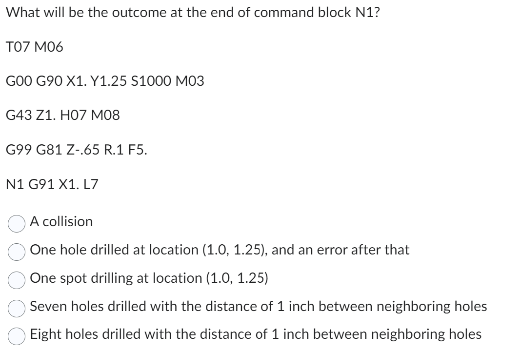 Solved G00 G90 X1. Y1.25 S1000 M03 G43 Z1. H07 M08 G99 G81 | Chegg.com