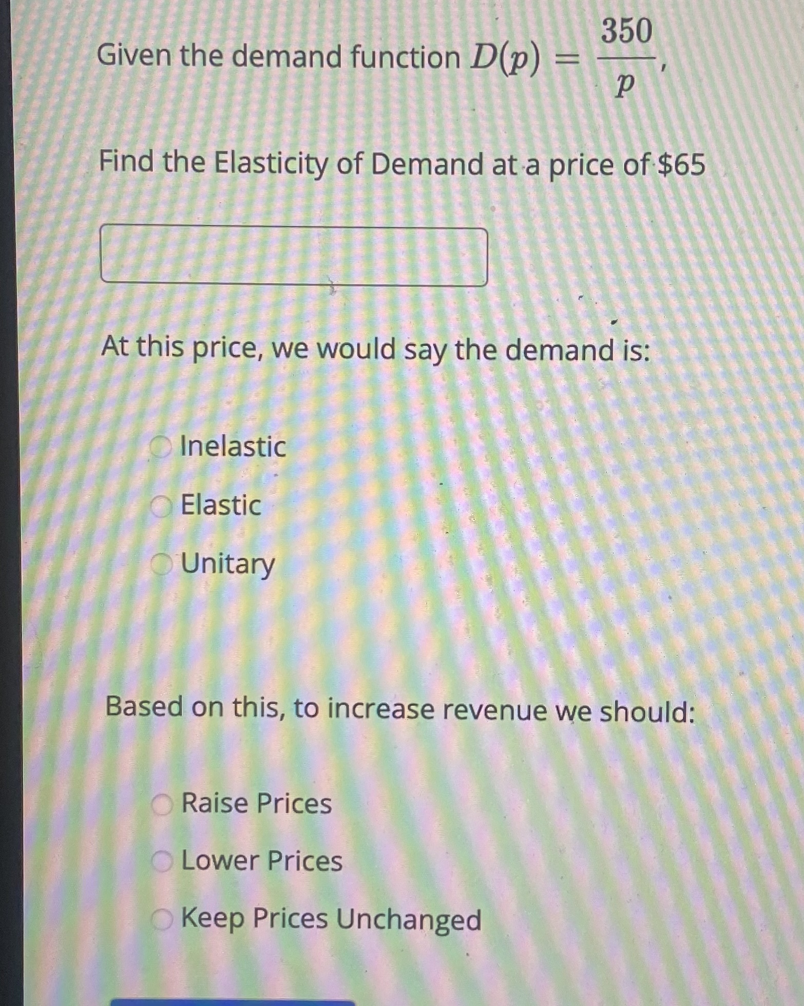 Solved Given the demand function D(p)=p350 Find the | Chegg.com