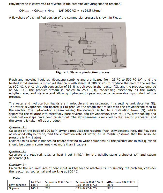 Solved Ethylbenzene is converted to styrene in the catalytic | Chegg.com