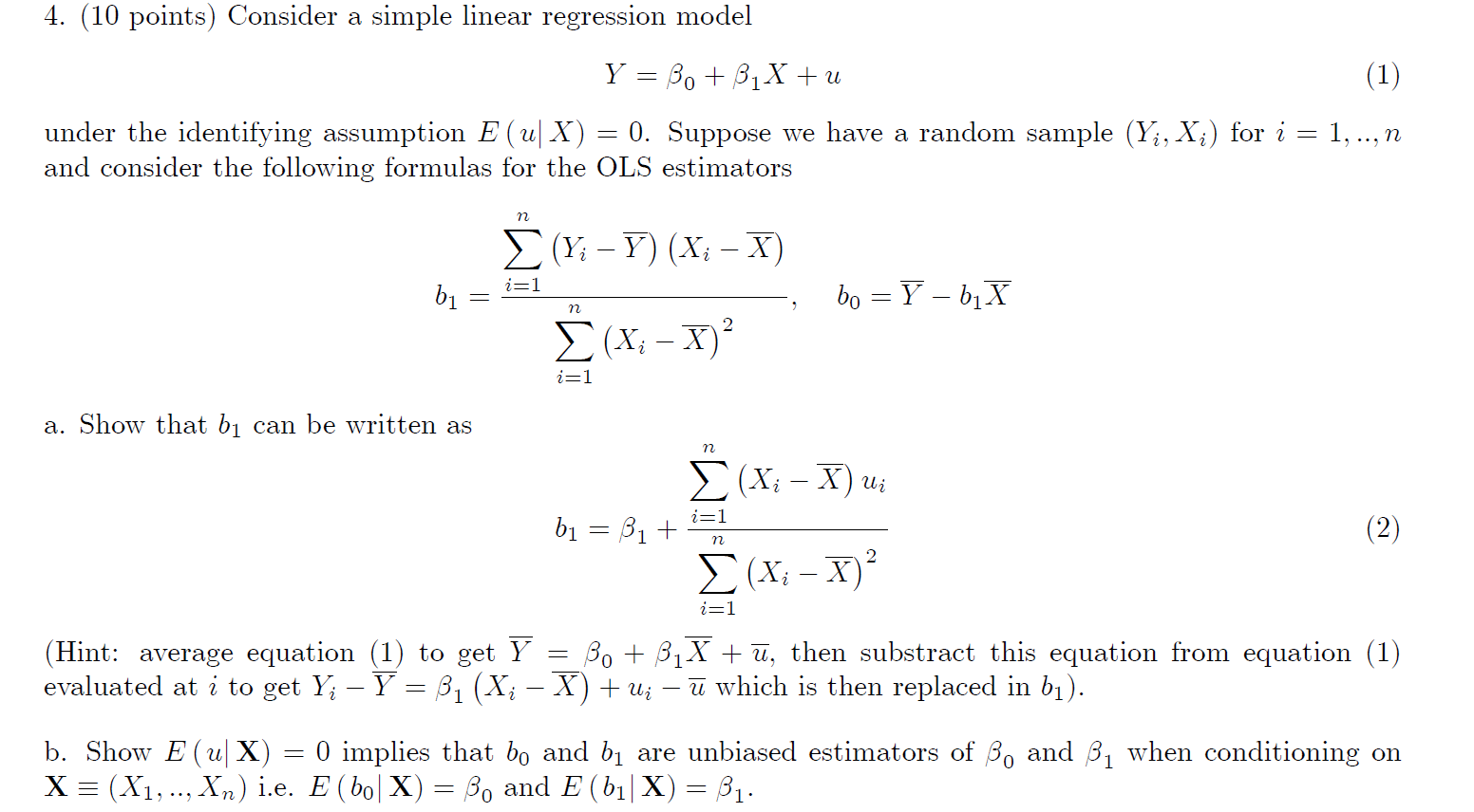 Solved 4. (10 points) Consider a simple linear regression | Chegg.com