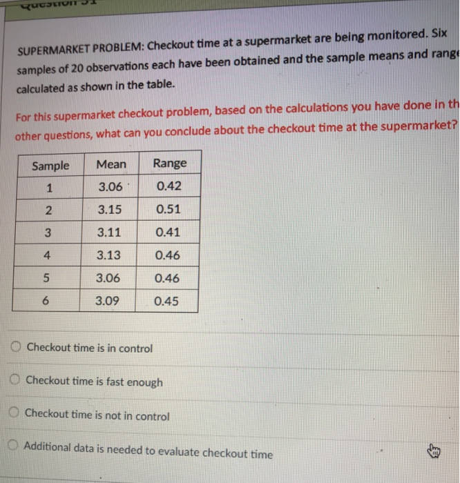 Solved 3 pts Question 50 SUPERMARKET PROBLEM: Checkout time | Chegg.com