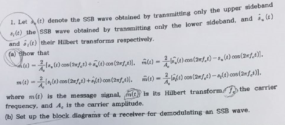 Solved 1. Let (t) denote the SSB wave obtained by | Chegg.com