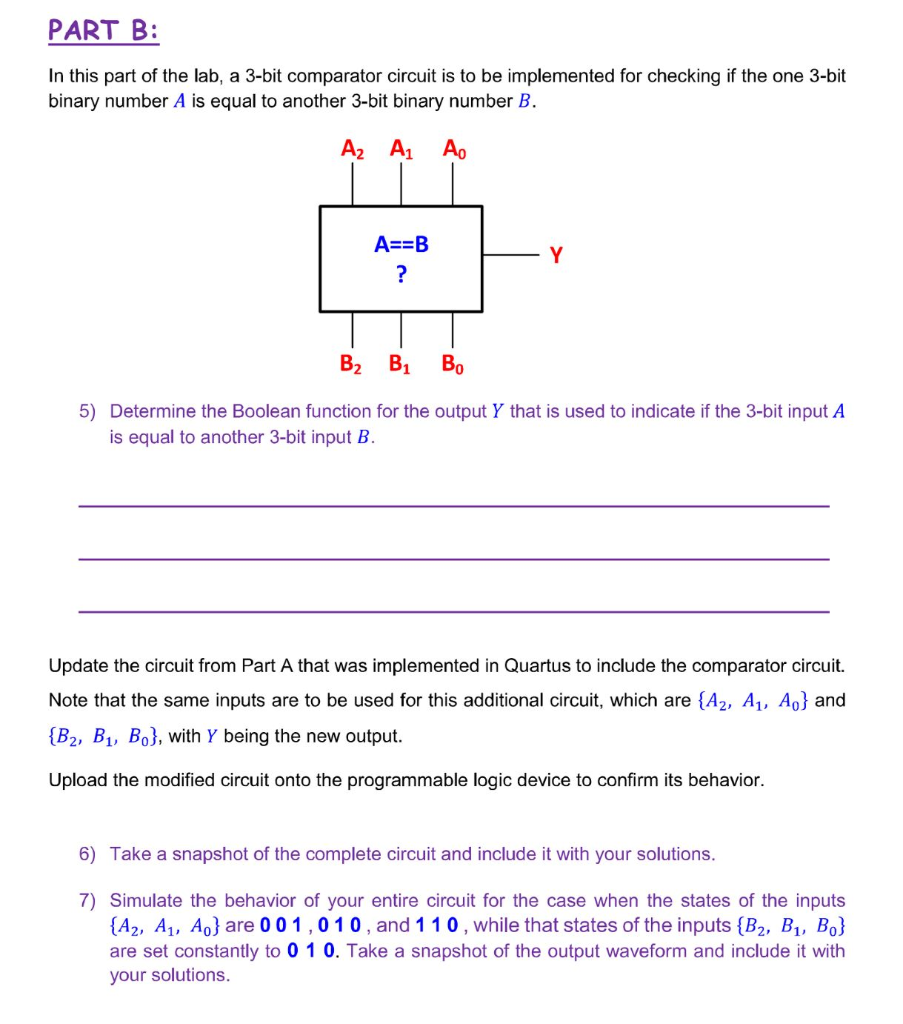 Solved PART B: In this part of the lab, a 3-bit comparator | Chegg.com