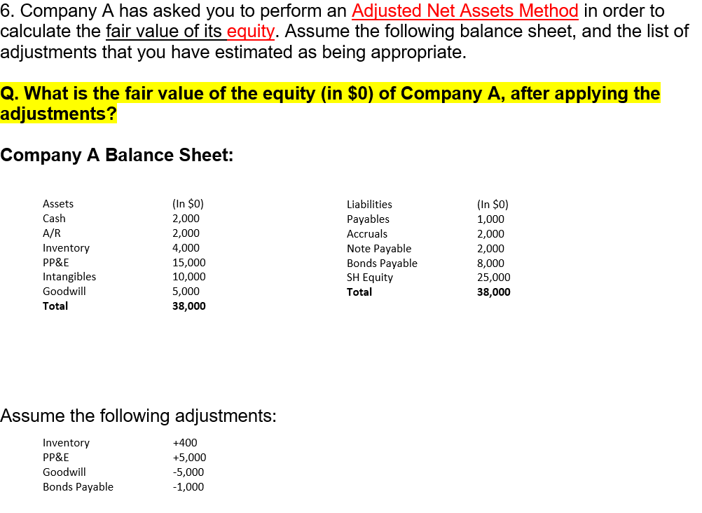 Solved 6. Company A has asked you to perform an Adjusted Net | Chegg.com