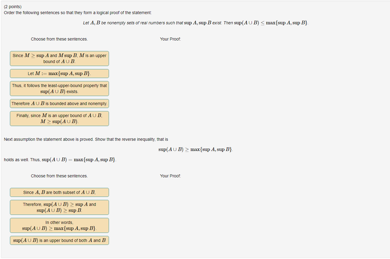 Solved (2 points) Order the following sentences so that they | Chegg.com