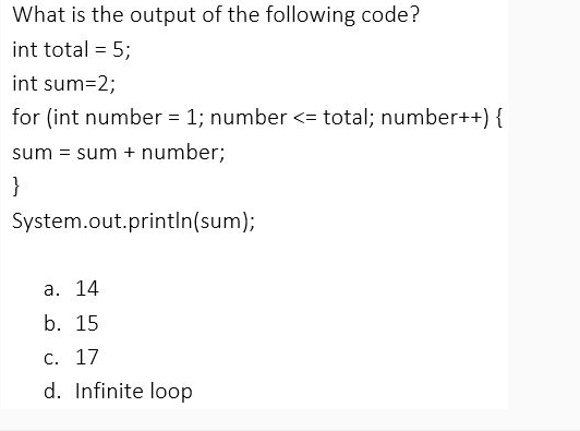 Solved What is the output of the following code? int total = | Chegg.com