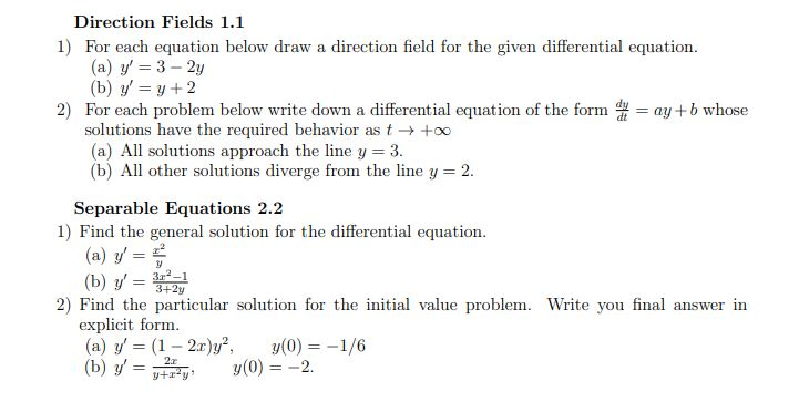 Solved Direction Fields 1.1 1) For each equation below draw | Chegg.com
