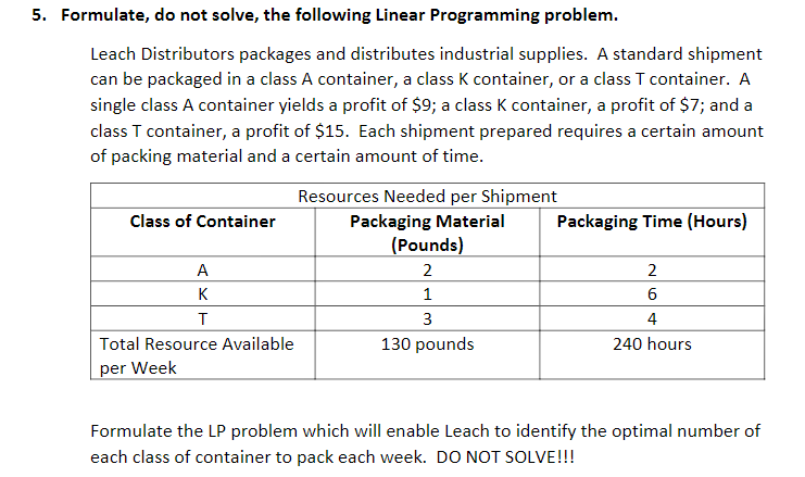 Solved 5 Formulate Do Not Solve The Following Linear 