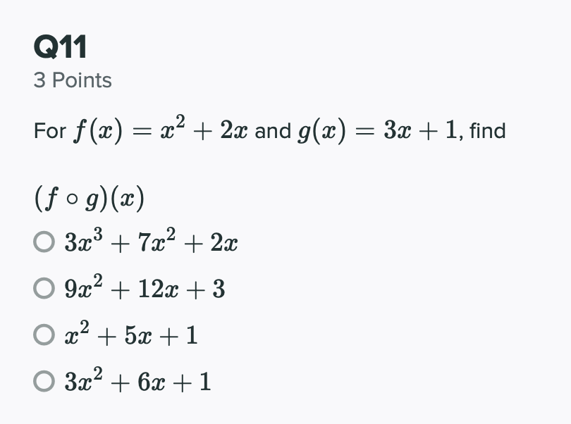Solved 3 Points For f(x)=x2+2x and g(x)=3x+1, find | Chegg.com