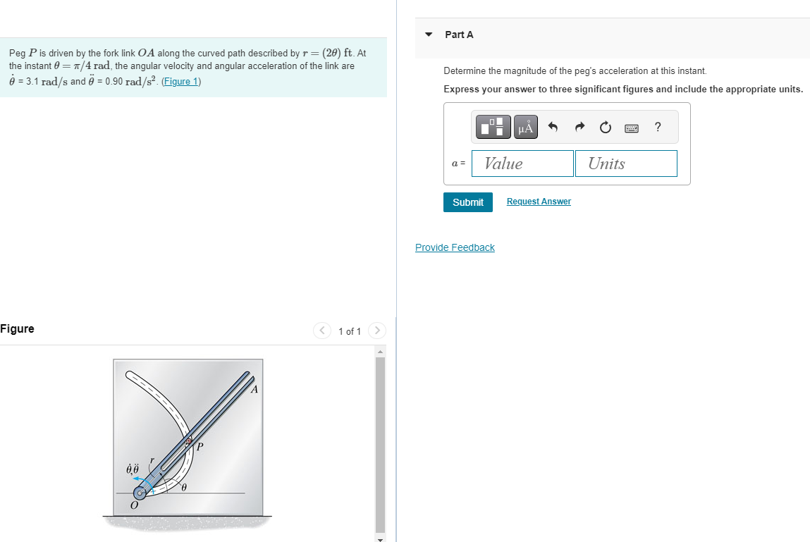 Solved Peg P is driven by the fork link OA along the curved | Chegg.com