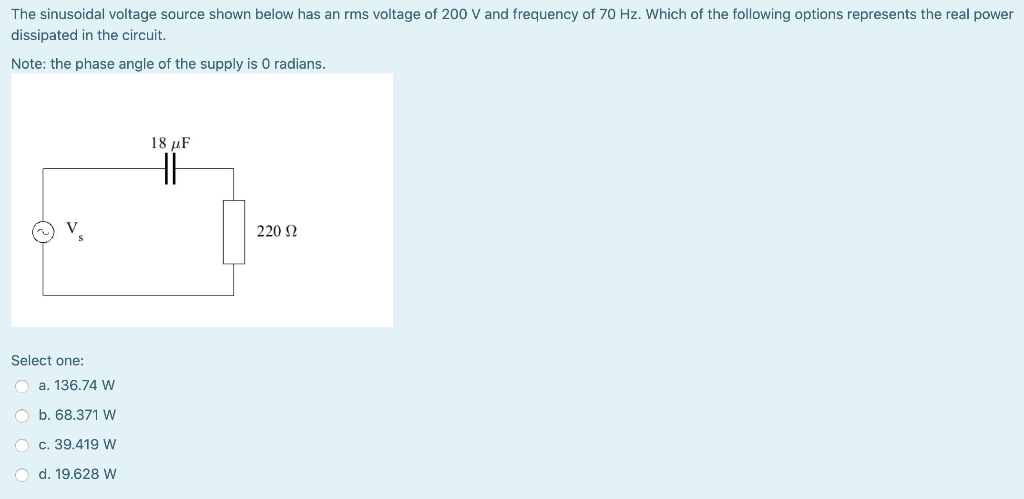 Solved The sinusoidal voltage source shown below has an rms | Chegg.com