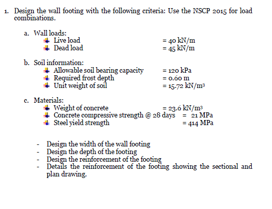 Solved 1. Design the wall footing with the following | Chegg.com