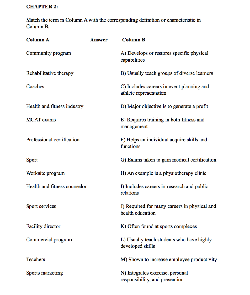 Solved CHAPTER 2: Match the term in Column A with the | Chegg.com