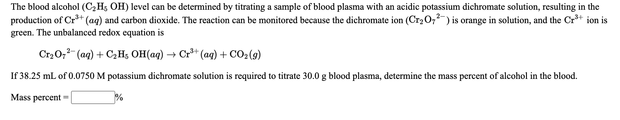Solved The blood alcohol (C2H5 OH) level can be determined | Chegg.com