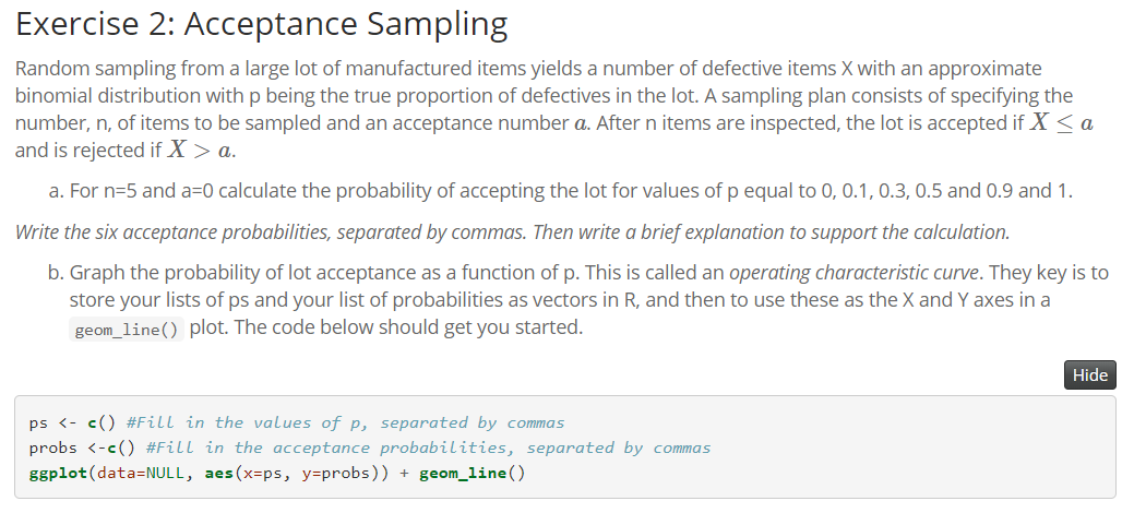 Exercise 2: Acceptance Sampling Random sampling from | Chegg.com