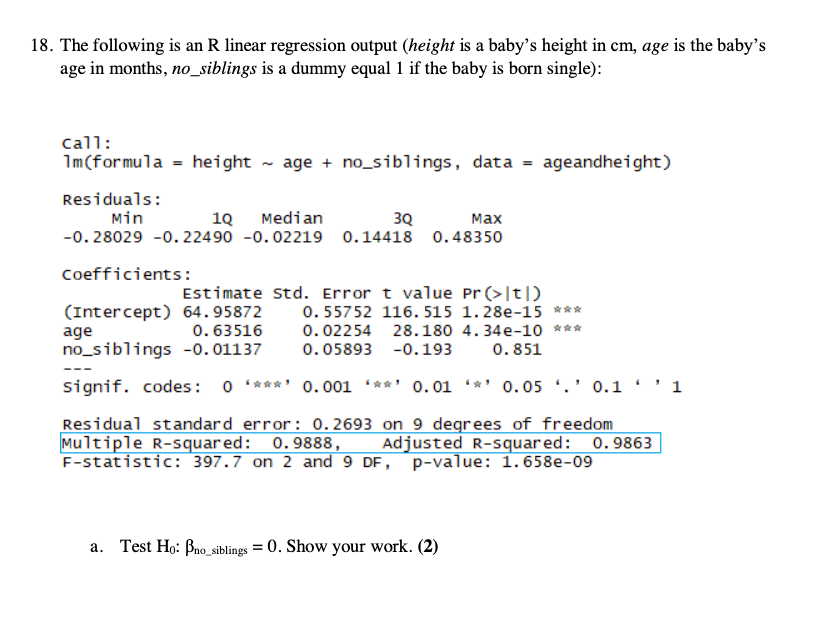 Solved 18. The following is an R linear regression output | Chegg.com