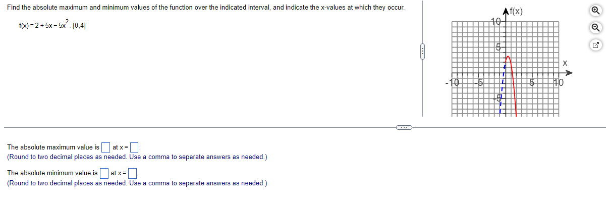 Solved f(x)=2+5x−5x2;[0,4] The absolute maximum value is at | Chegg.com