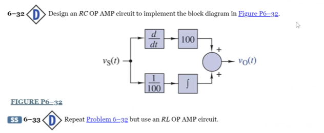 Solved 6-32 D Design an RC OP AMP circuit to implement the | Chegg.com