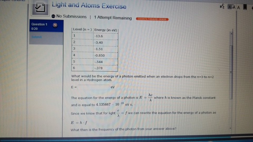 Solved レ1 Light and Atoms Exercise No Submissions | 1 | Chegg.com
