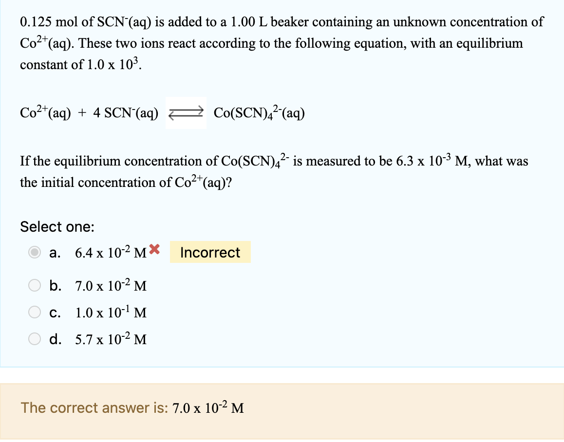 Solved 0.125 mol of SCN (aq) is added to a 1.00 L beaker | Chegg.com