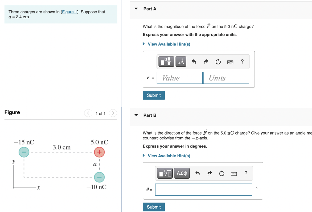 Solved Three charges are shown in Suppose that a=2.4 cm. | Chegg.com