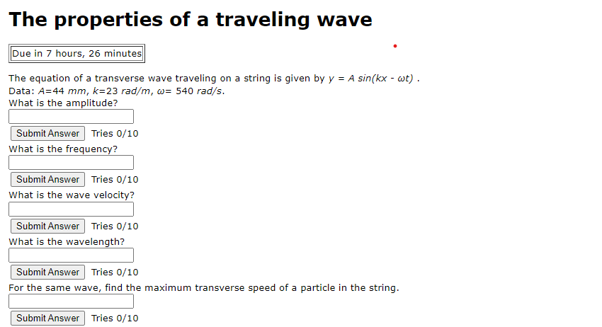 Solved The properties of a traveling wave The equation of a | Chegg.com