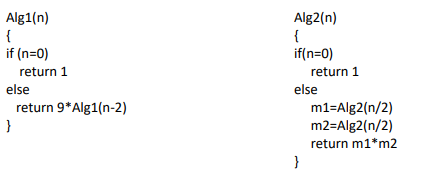 Solved Algi(n) { if (n=0) return 1 else return 9*Alg1(n-2) } | Chegg.com