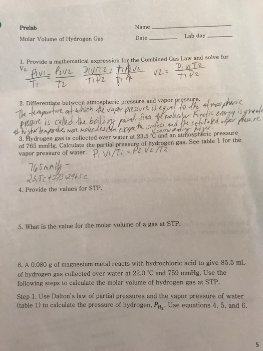 Prelab Name Lab day Date Molar Volume of Hydrogen Gas | Chegg.com
