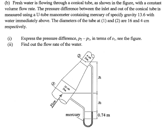 Solved (b) Fresh water is flowing through a conical tube, as | Chegg.com