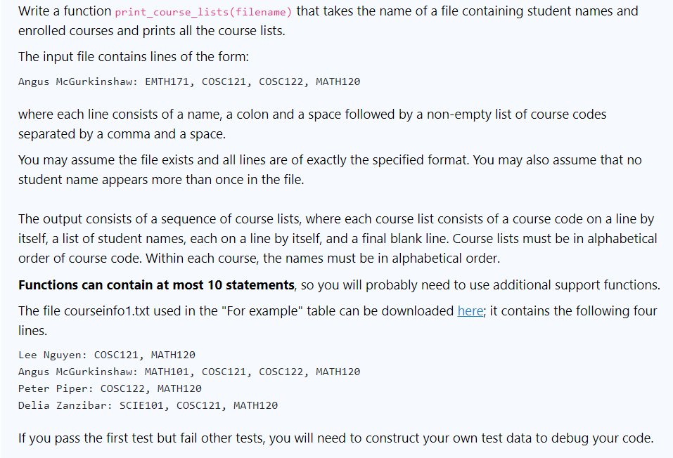 Solved Write A Function Printcourselistsfilename That 