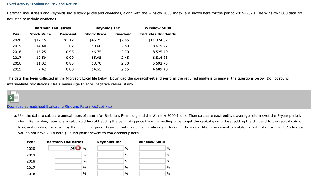 Excel Activity: Evaluating Risk and Return Bartman | Chegg.com